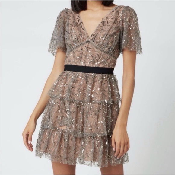 Self-Portrait | Dresses | Self Portrait Grey Leaf Sequin Mini Dress Sz ...